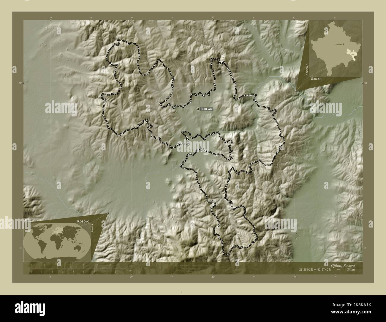 Gjilan, municipality of Kosovo. Elevation map colored in wiki style with lakes and rivers ...