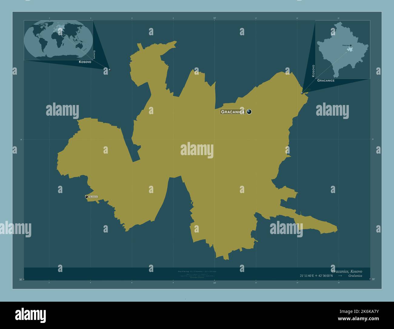 Gracanice, municipality of Kosovo. Solid color shape. Locations and ...