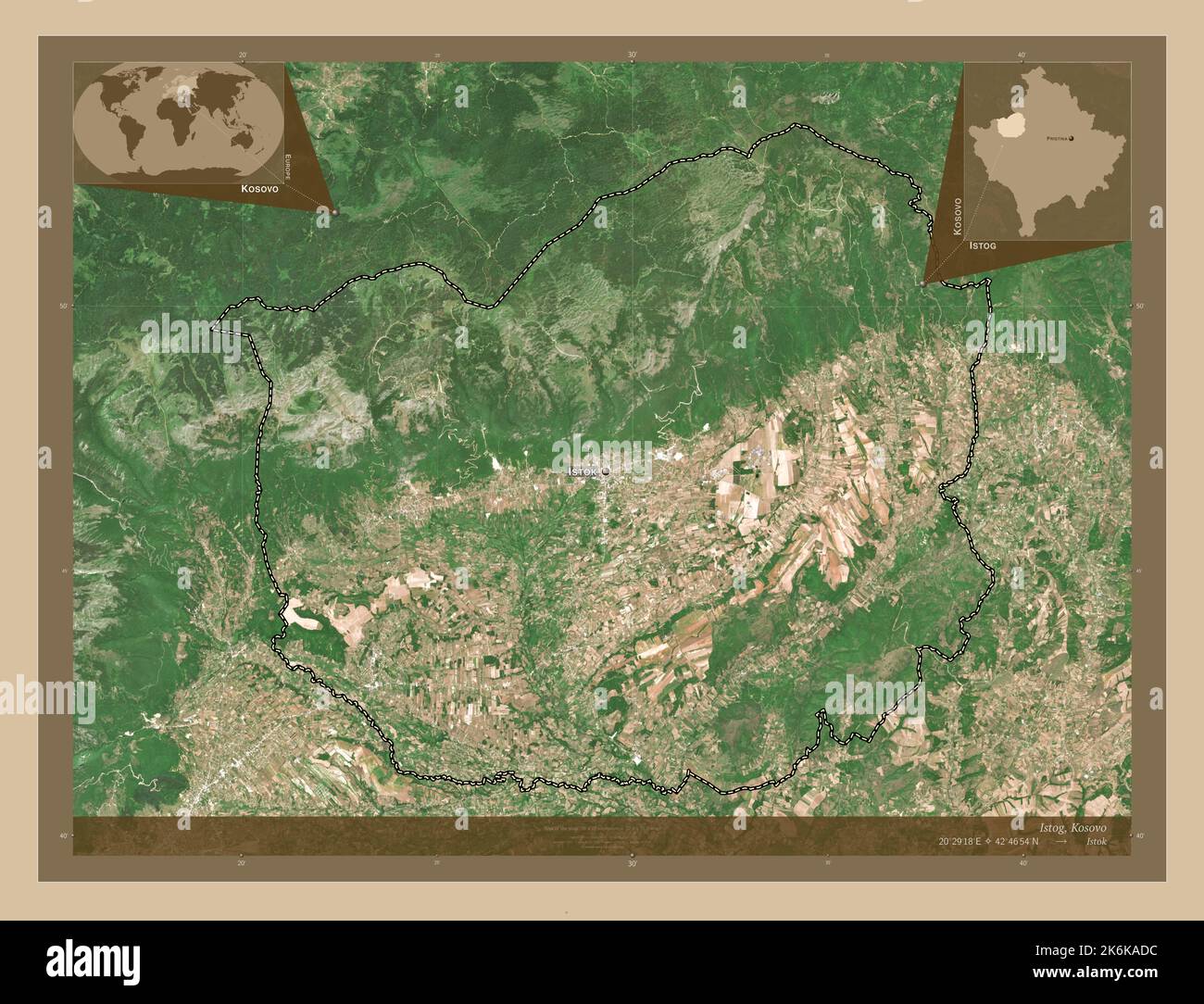 Istog, municipality of Kosovo. Low resolution satellite map. Locations ...