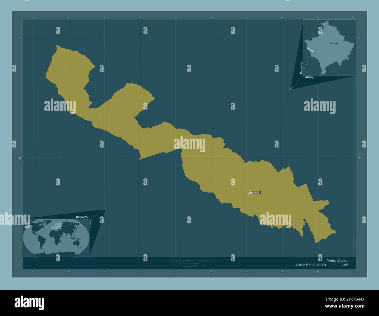 Junik, municipality of Kosovo. Solid color shape. Locations and names ...