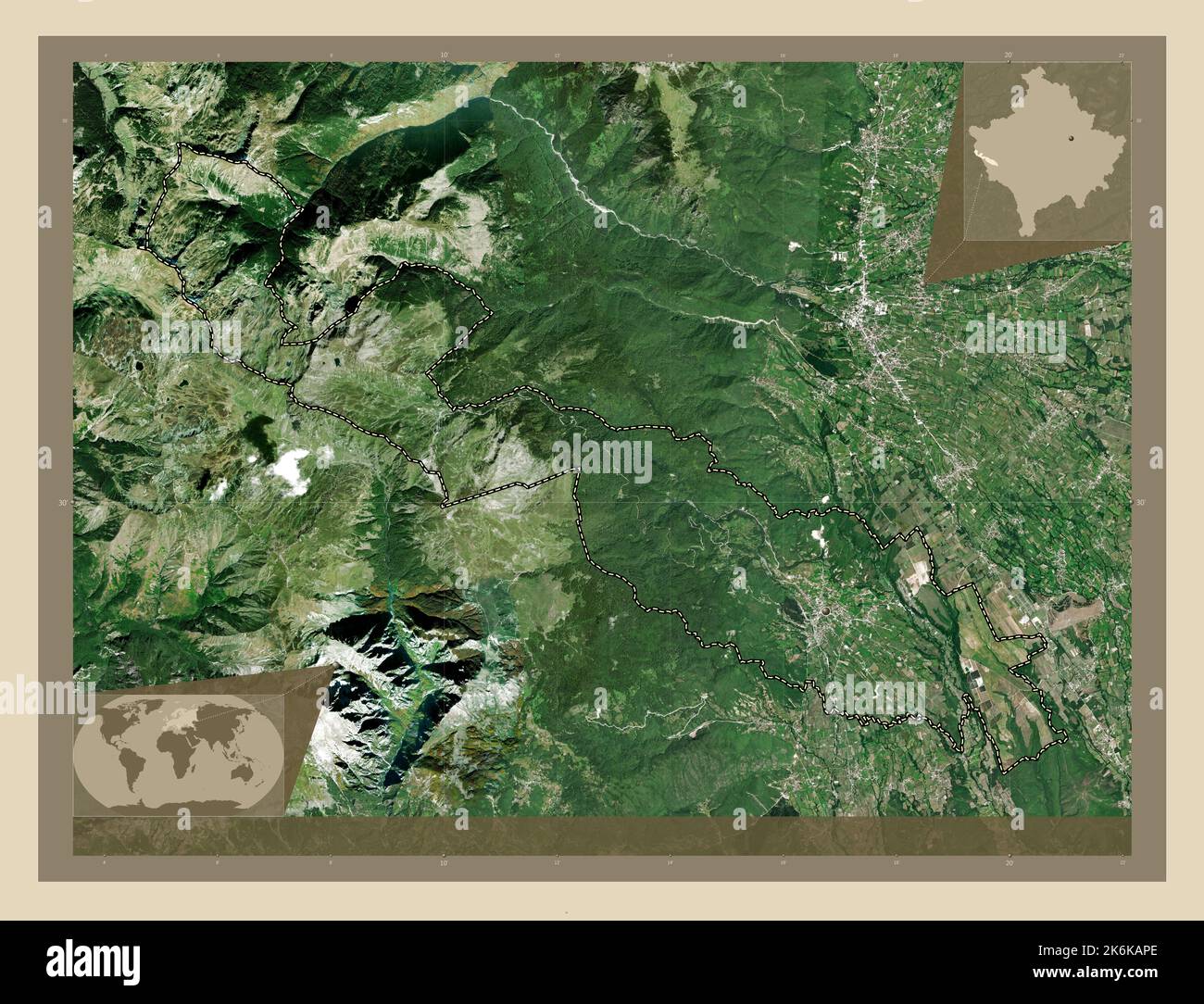 Junik, municipality of Kosovo. High resolution satellite map. Corner ...