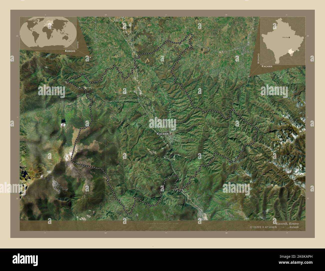 Kacanik, municipality of Kosovo. High resolution satellite map ...
