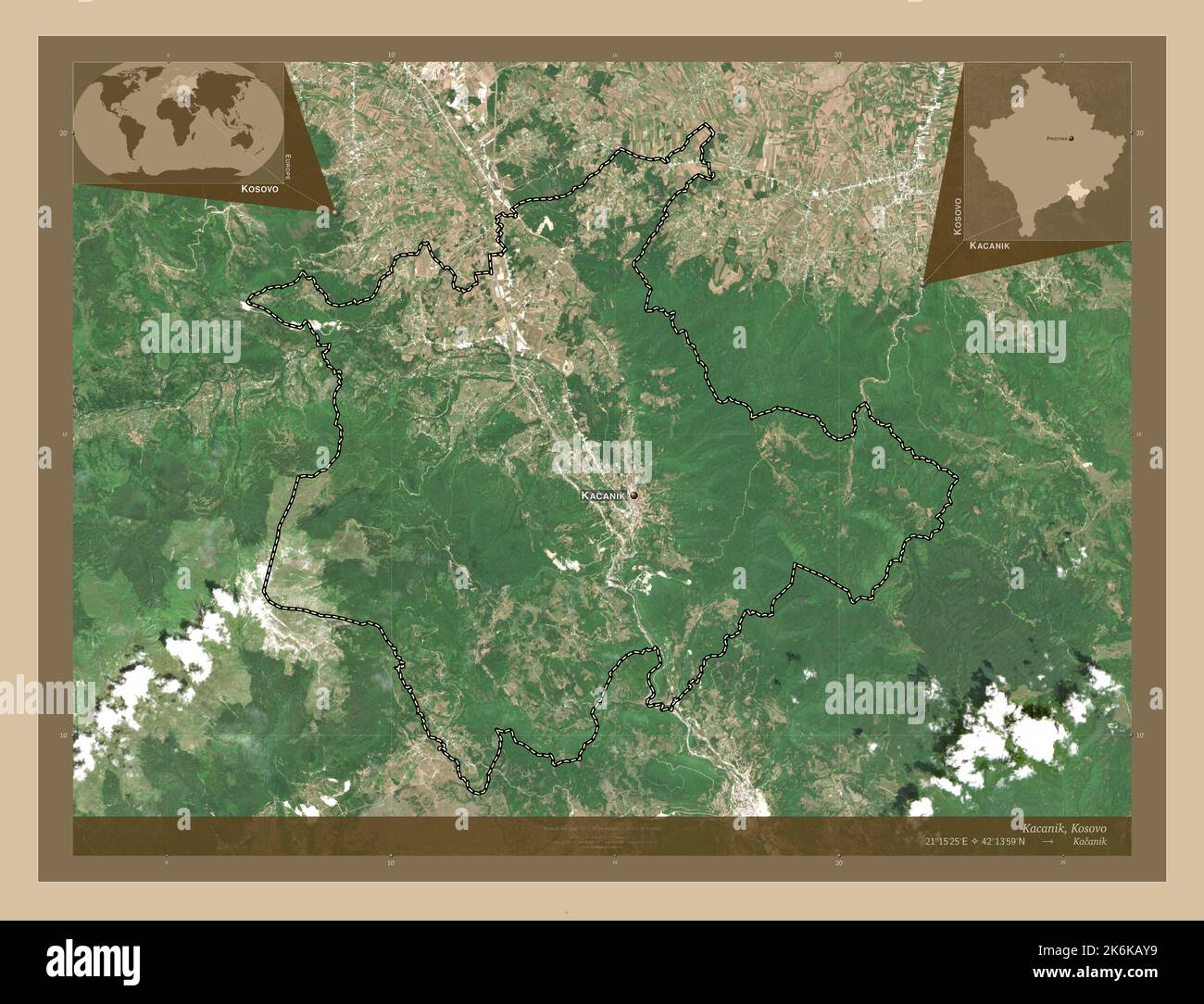 Kacanik, municipality of Kosovo. Low resolution satellite map ...