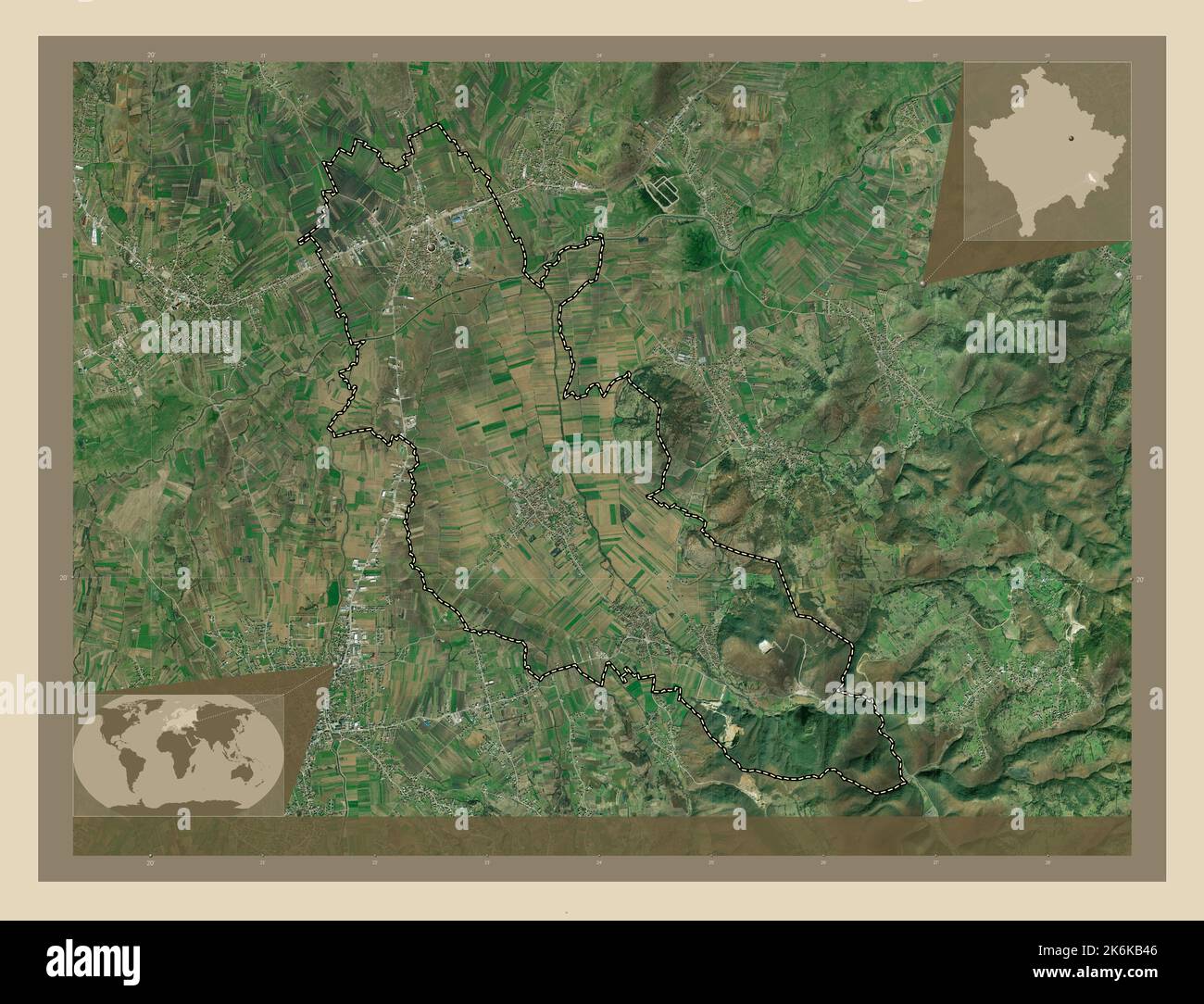 Kllokot, municipality of Kosovo. High resolution satellite map. Corner ...