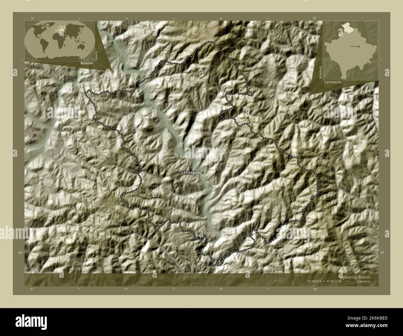 Leposaviq, municipality of Kosovo. Elevation map colored in wiki style with lakes and rivers ...