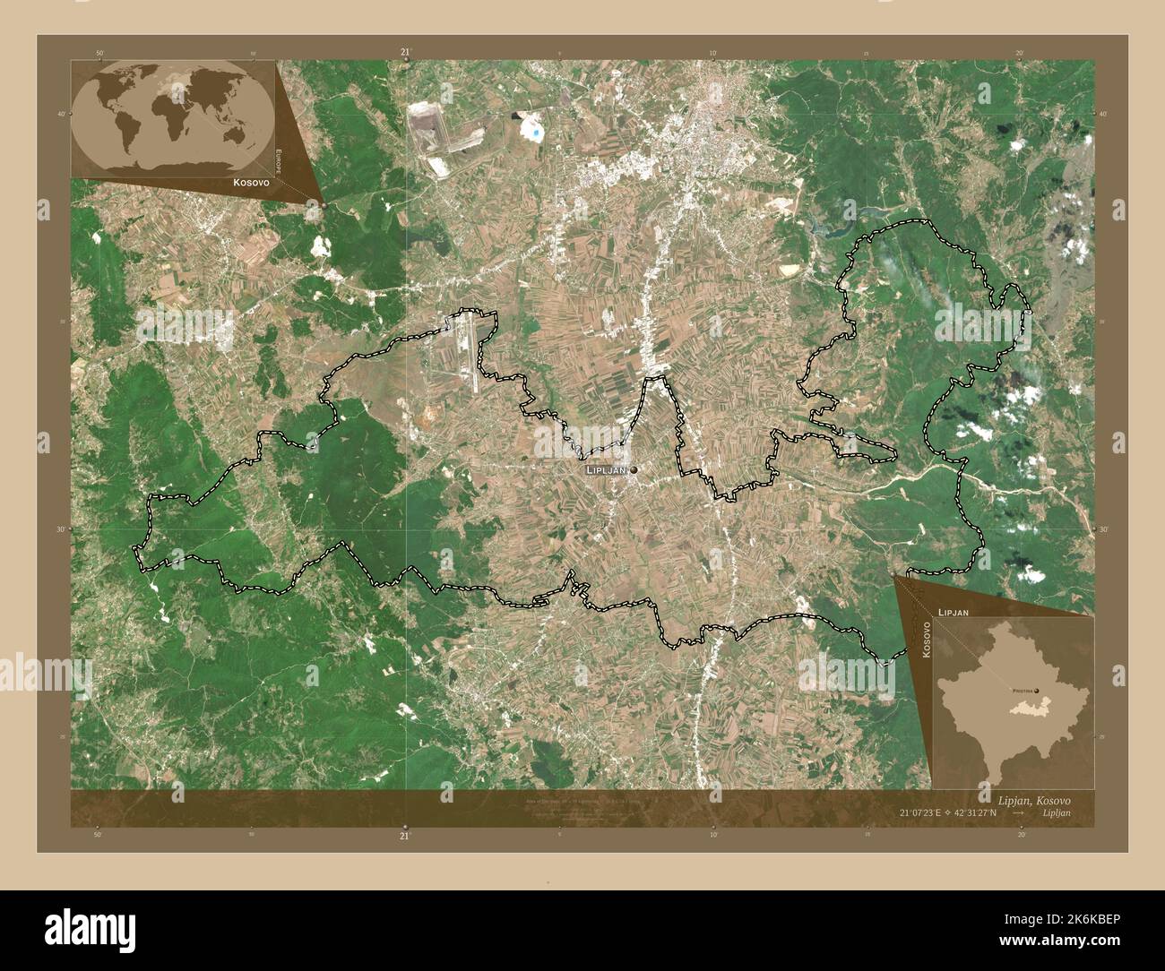 Lipjan, municipality of Kosovo. Low resolution satellite map. Locations ...