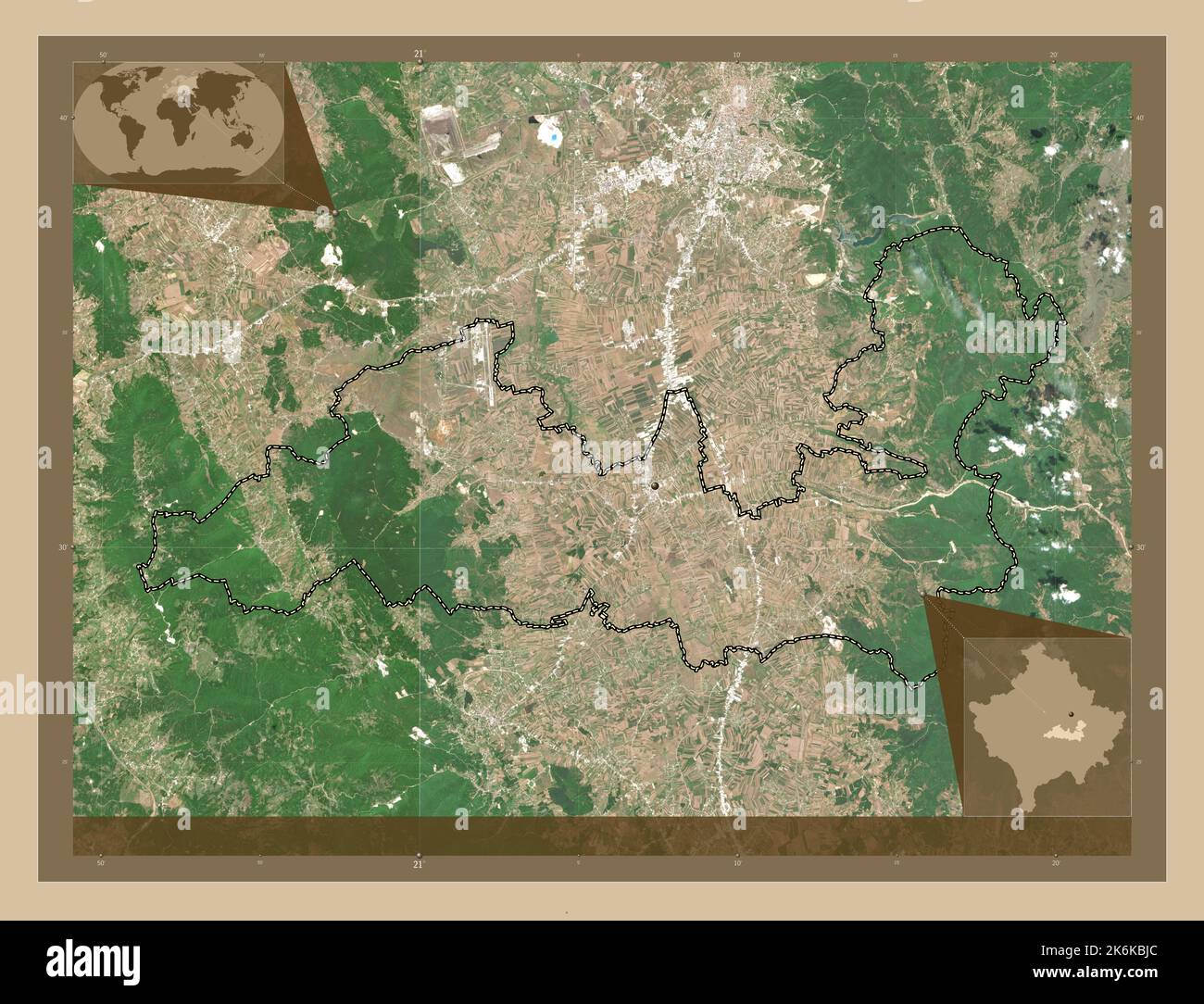 Lipjan, municipality of Kosovo. Low resolution satellite map. Locations ...