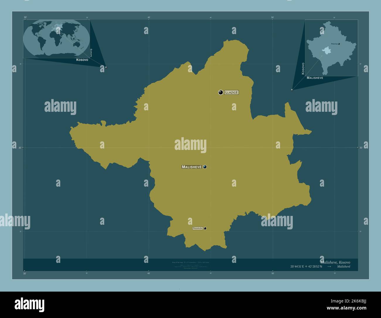 Malisheve, municipality of Kosovo. Solid color shape. Locations and ...
