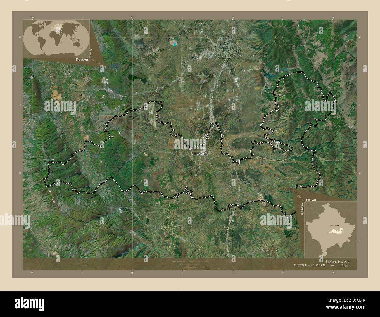 Lipjan, municipality of Kosovo. High resolution satellite map ...