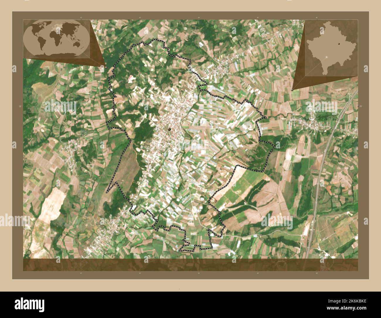 Mamusha, municipality of Kosovo. Low resolution satellite map. Corner ...
