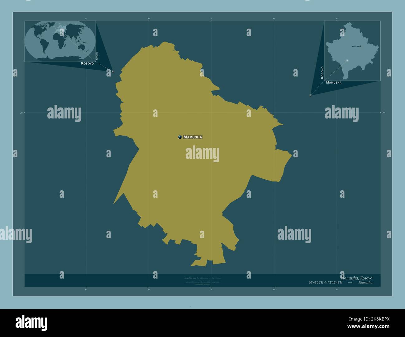 Mamusha, municipality of Kosovo. Solid color shape. Locations and names ...