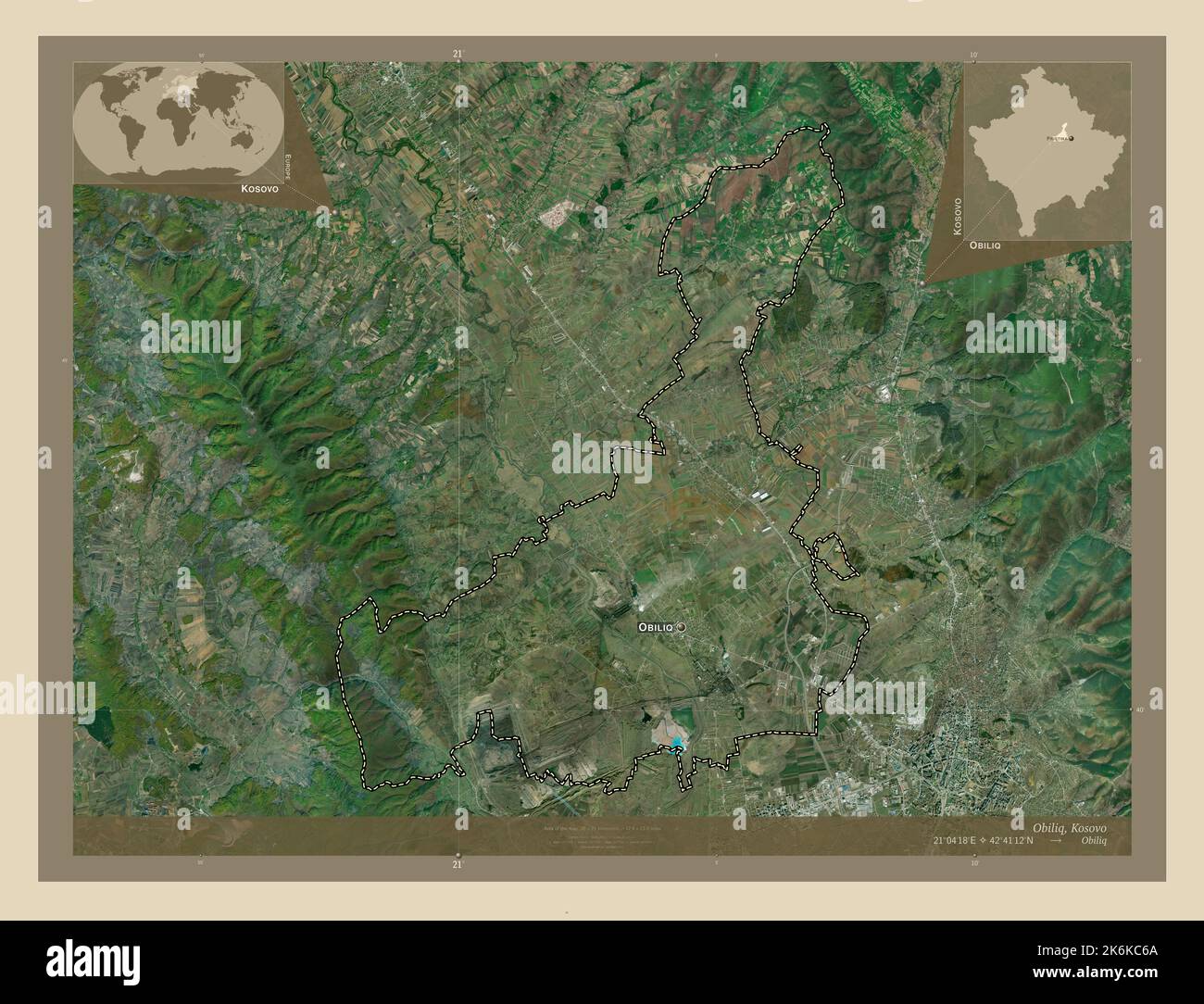 Obiliq, municipality of Kosovo. High resolution satellite map ...