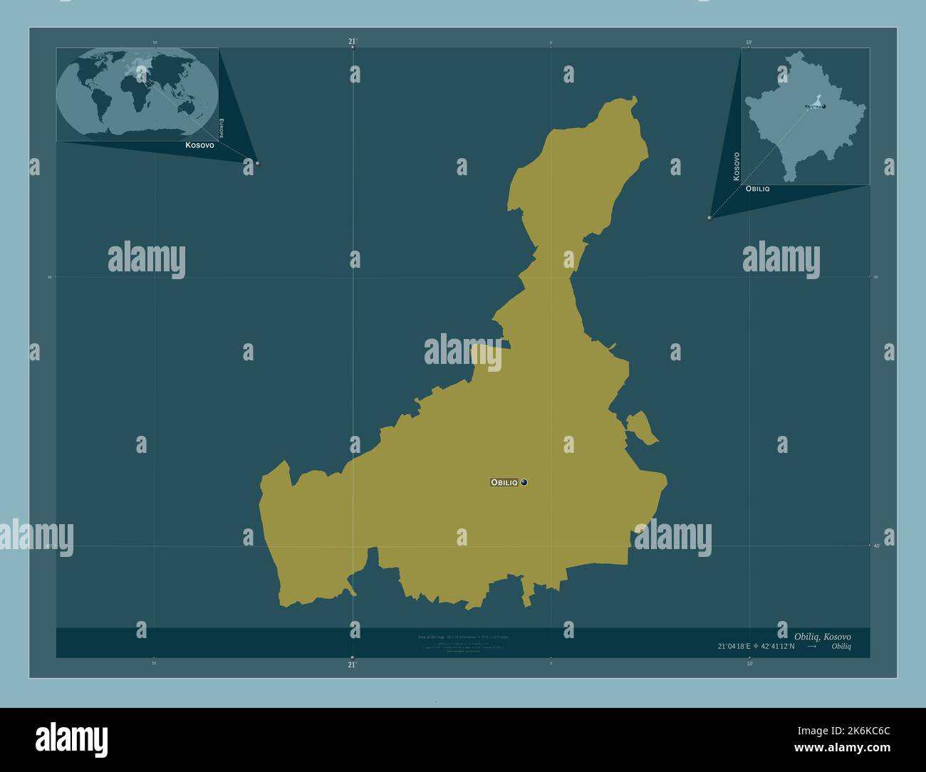 Obiliq, municipality of Kosovo. Solid color shape. Locations and names ...