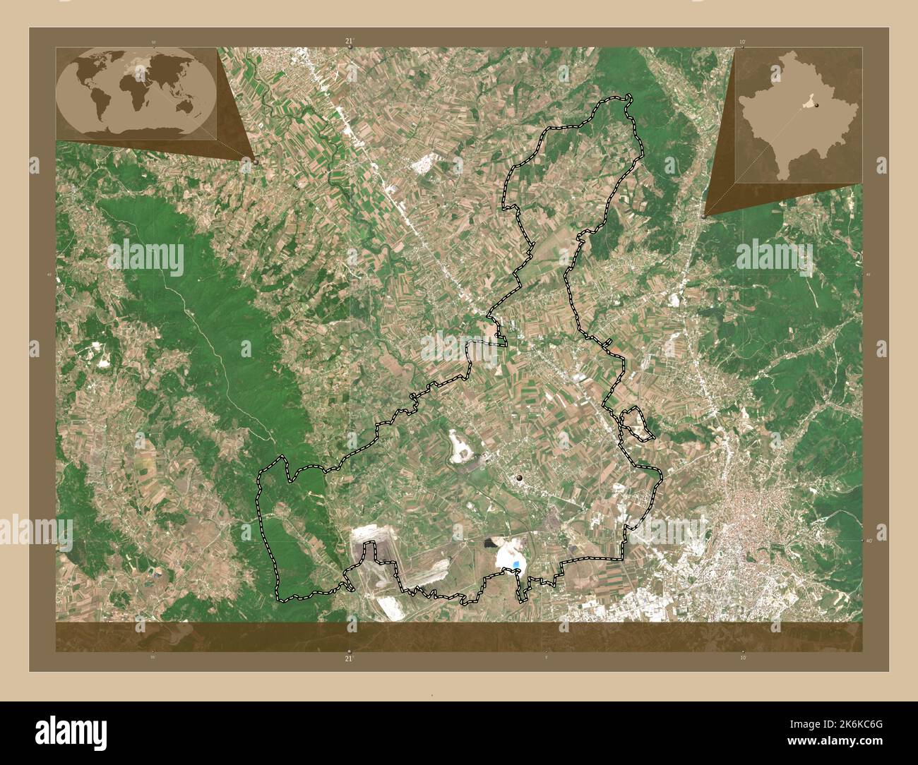 Obiliq, municipality of Kosovo. Low resolution satellite map. Locations ...