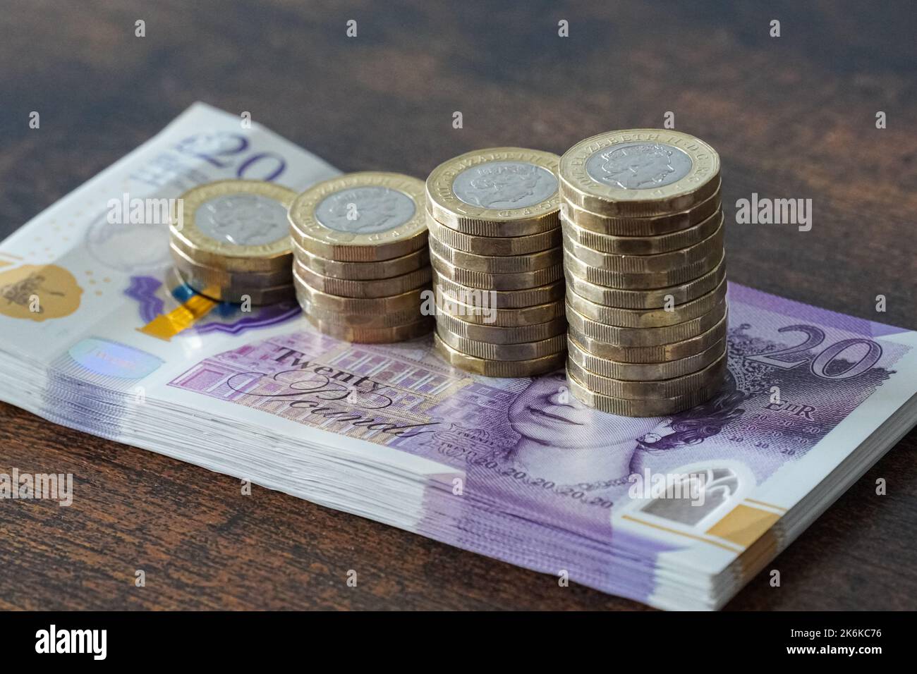 British twenty pound notes and one pound coins Stock Photo - Alamy