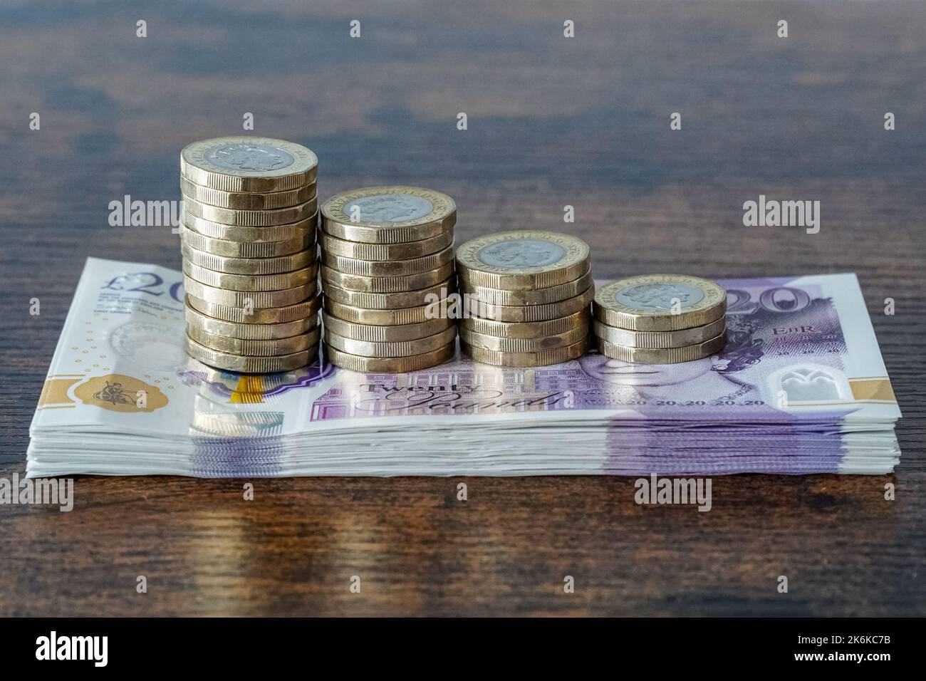 British twenty pound notes and one pound coins Stock Photo - Alamy