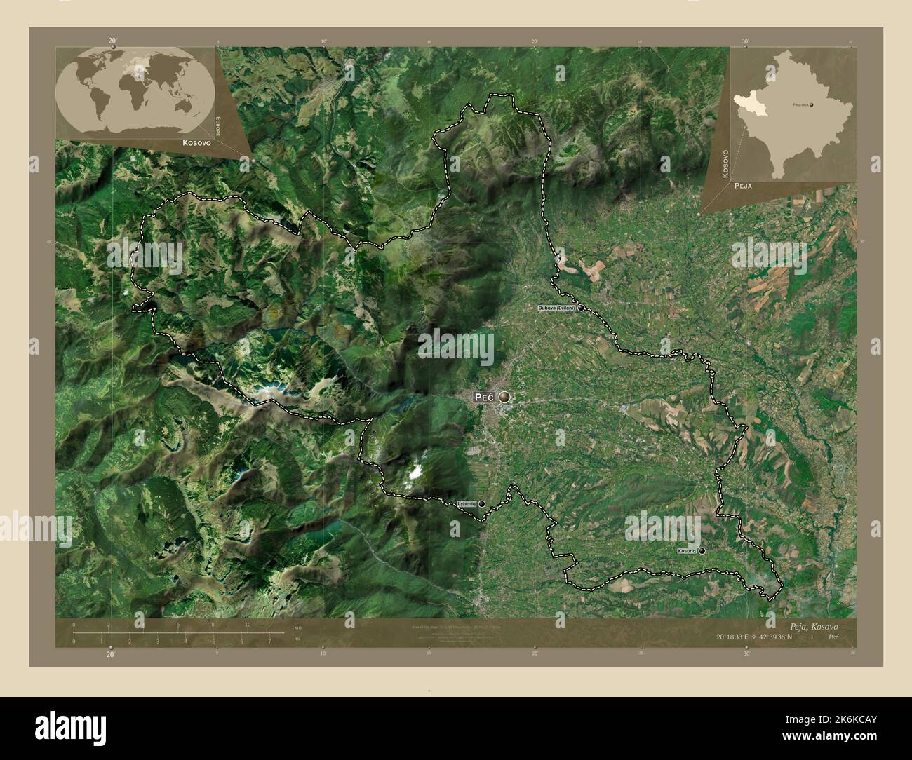 Peja, municipality of Kosovo. High resolution satellite map. Locations ...
