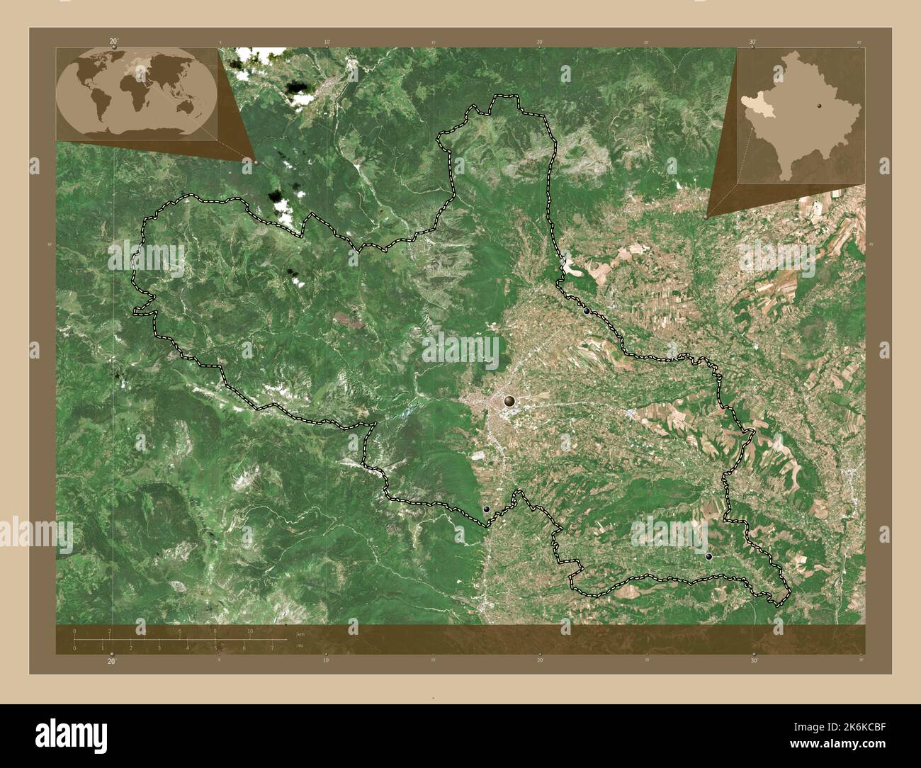 Peja, municipality of Kosovo. Low resolution satellite map. Locations ...