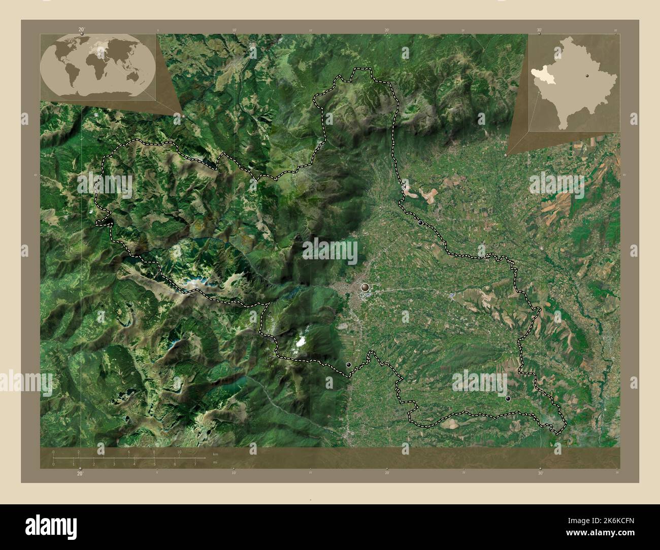 Peja, municipality of Kosovo. High resolution satellite map. Locations ...