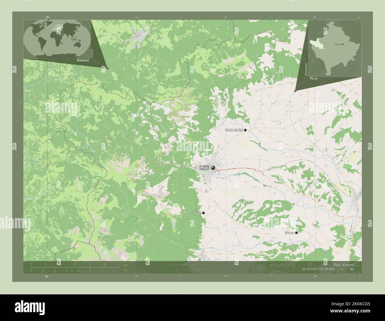 Peja, municipality of Kosovo. Open Street Map. Locations and names of ...
