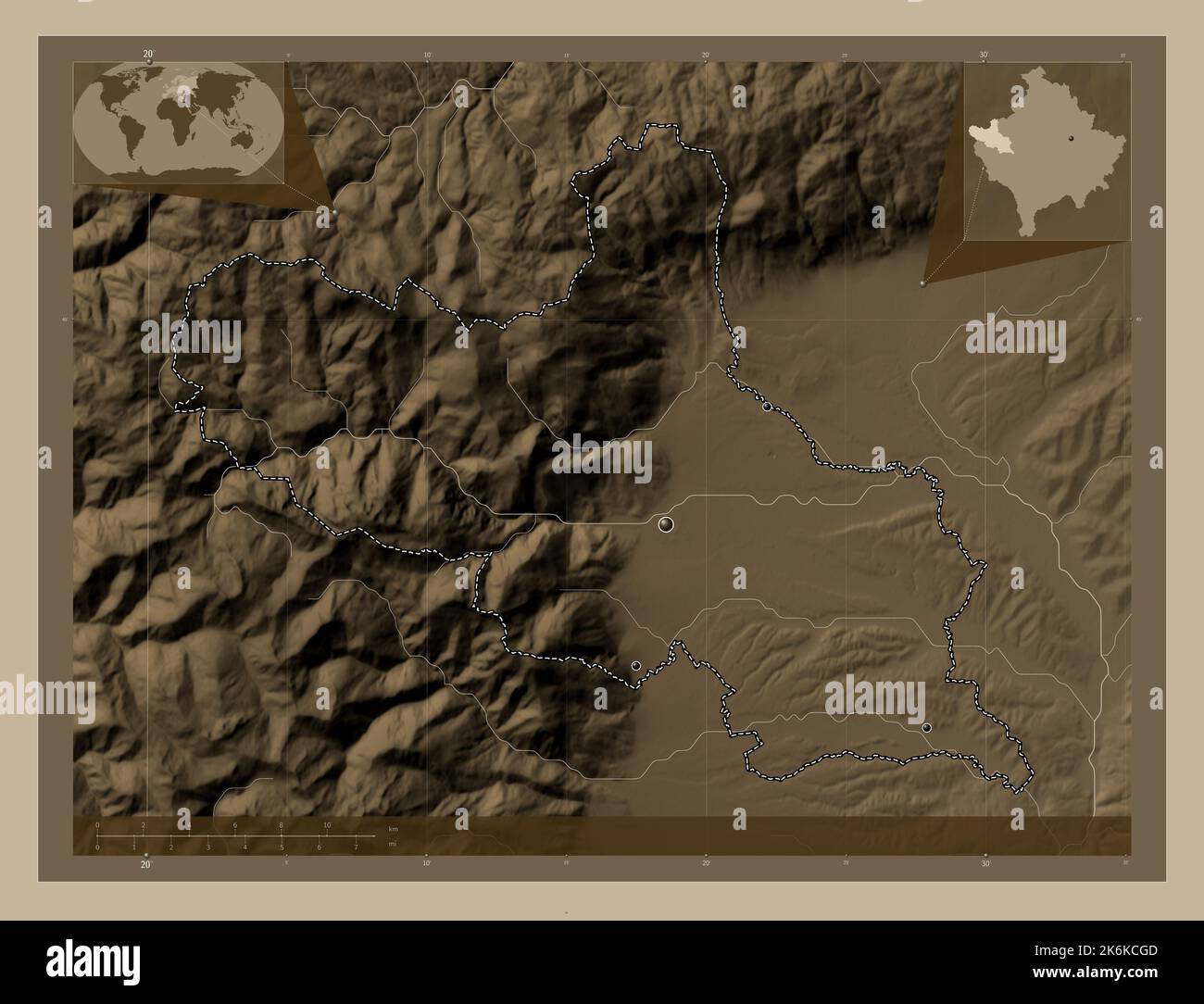 Peja, municipality of Kosovo. Elevation map colored in sepia tones with ...