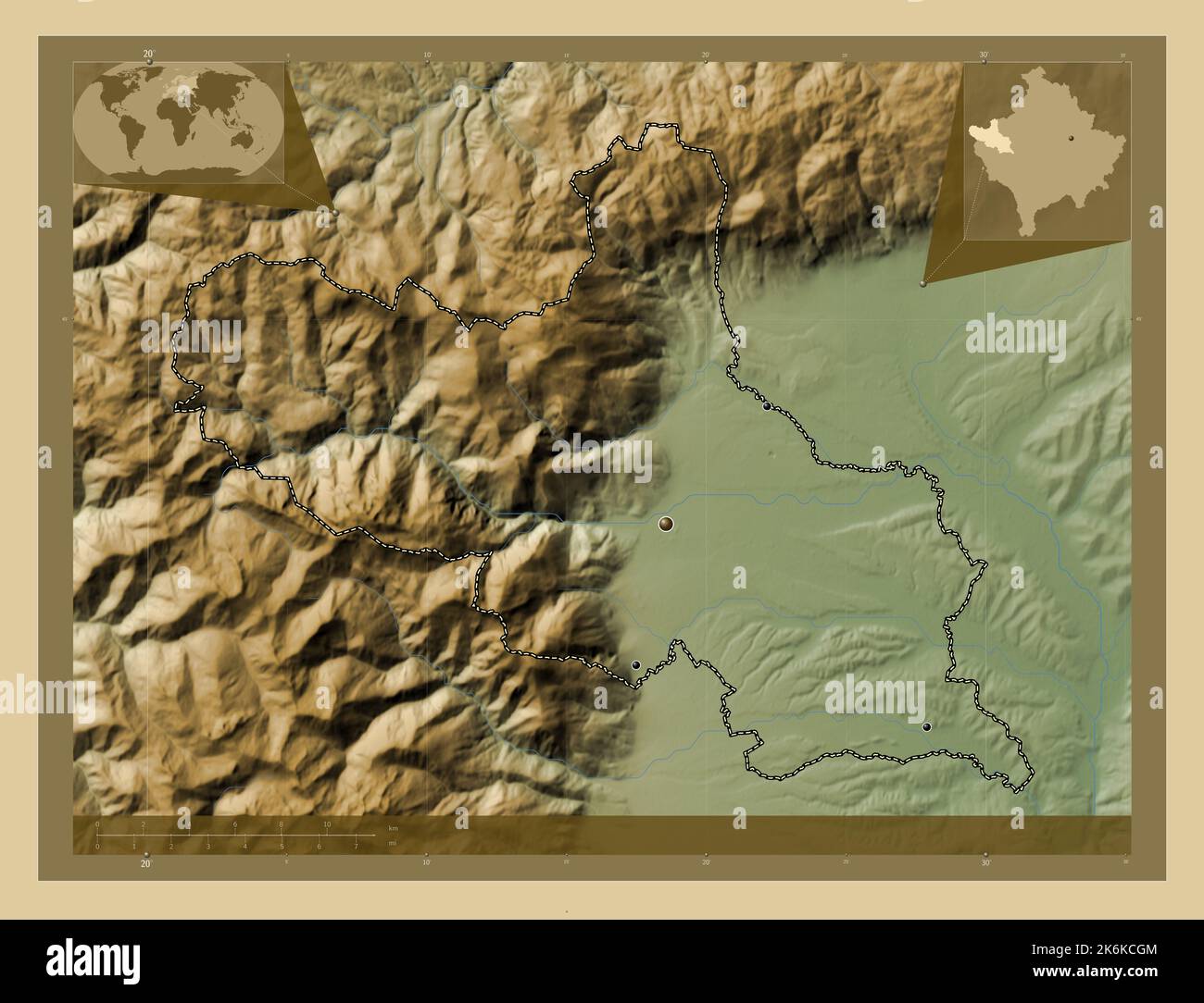 Peja, municipality of Kosovo. Colored elevation map with lakes and rivers. Locations of major ...