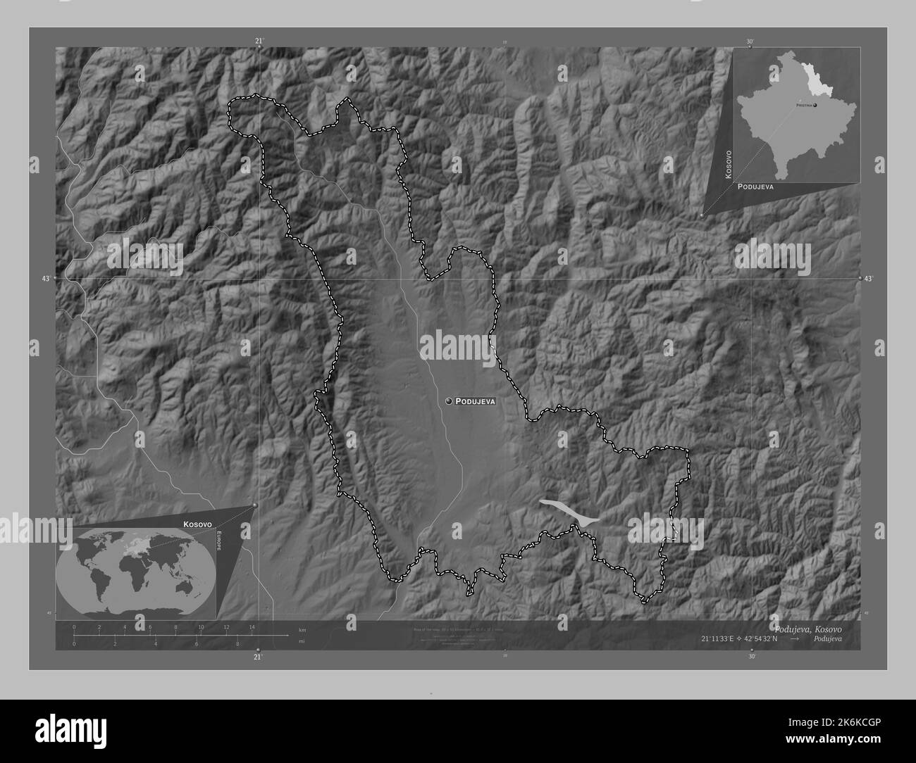 Podujeva, municipality of Kosovo. Grayscale elevation map with lakes ...