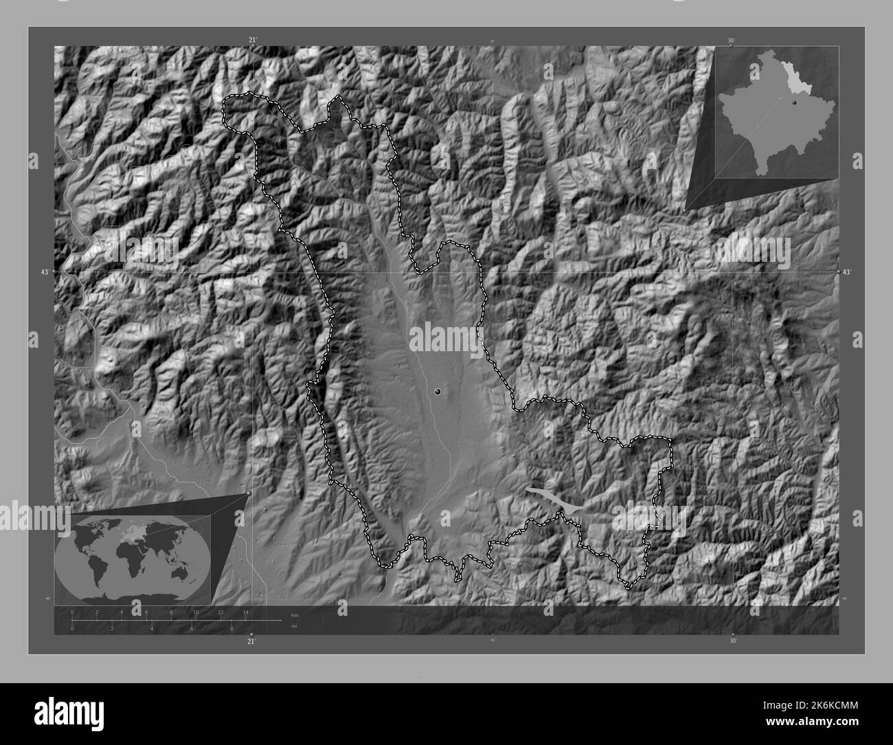 Podujeva, municipality of Kosovo. Bilevel elevation map with lakes and ...