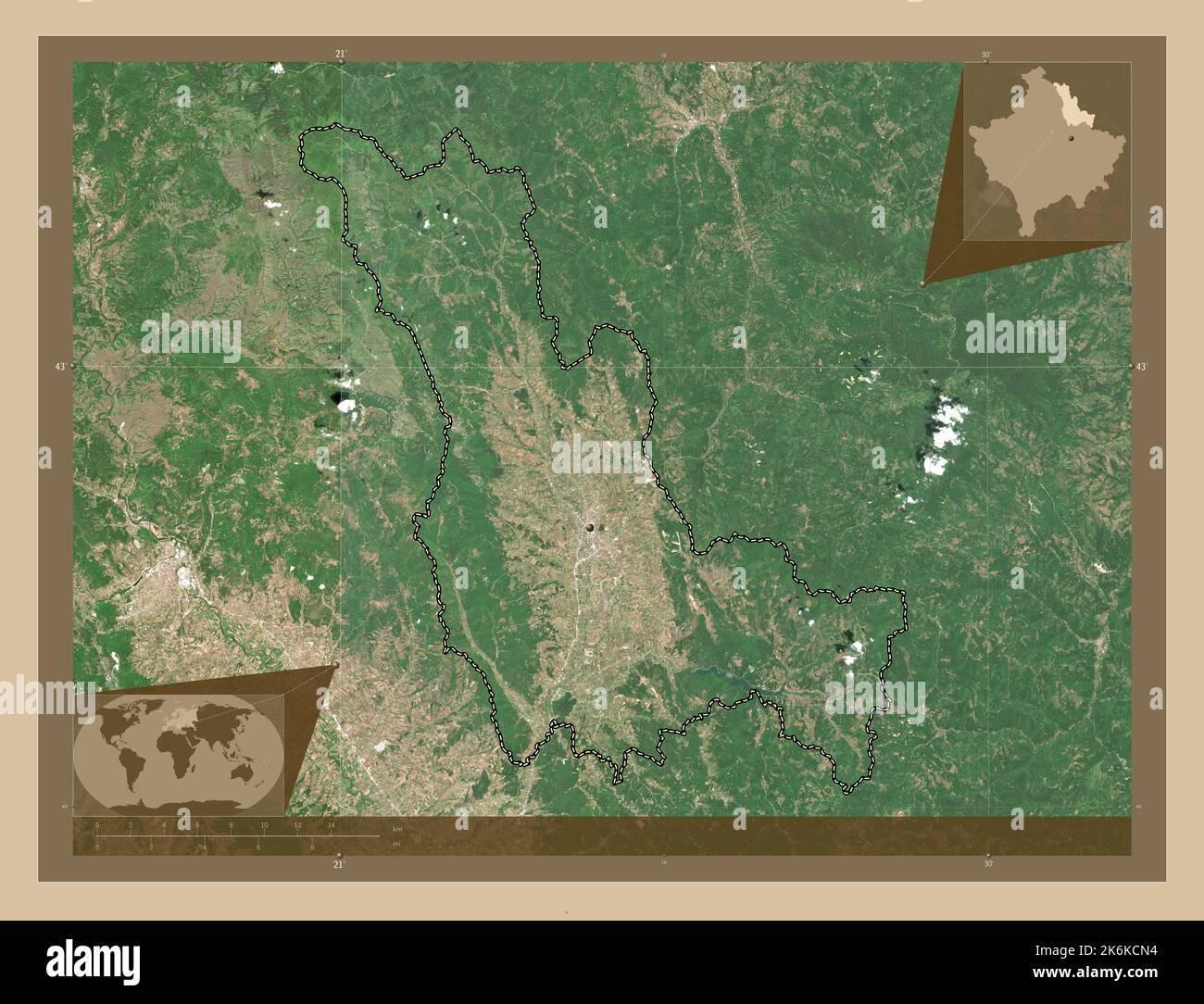 Podujeva, municipality of Kosovo. Low resolution satellite map. Corner ...