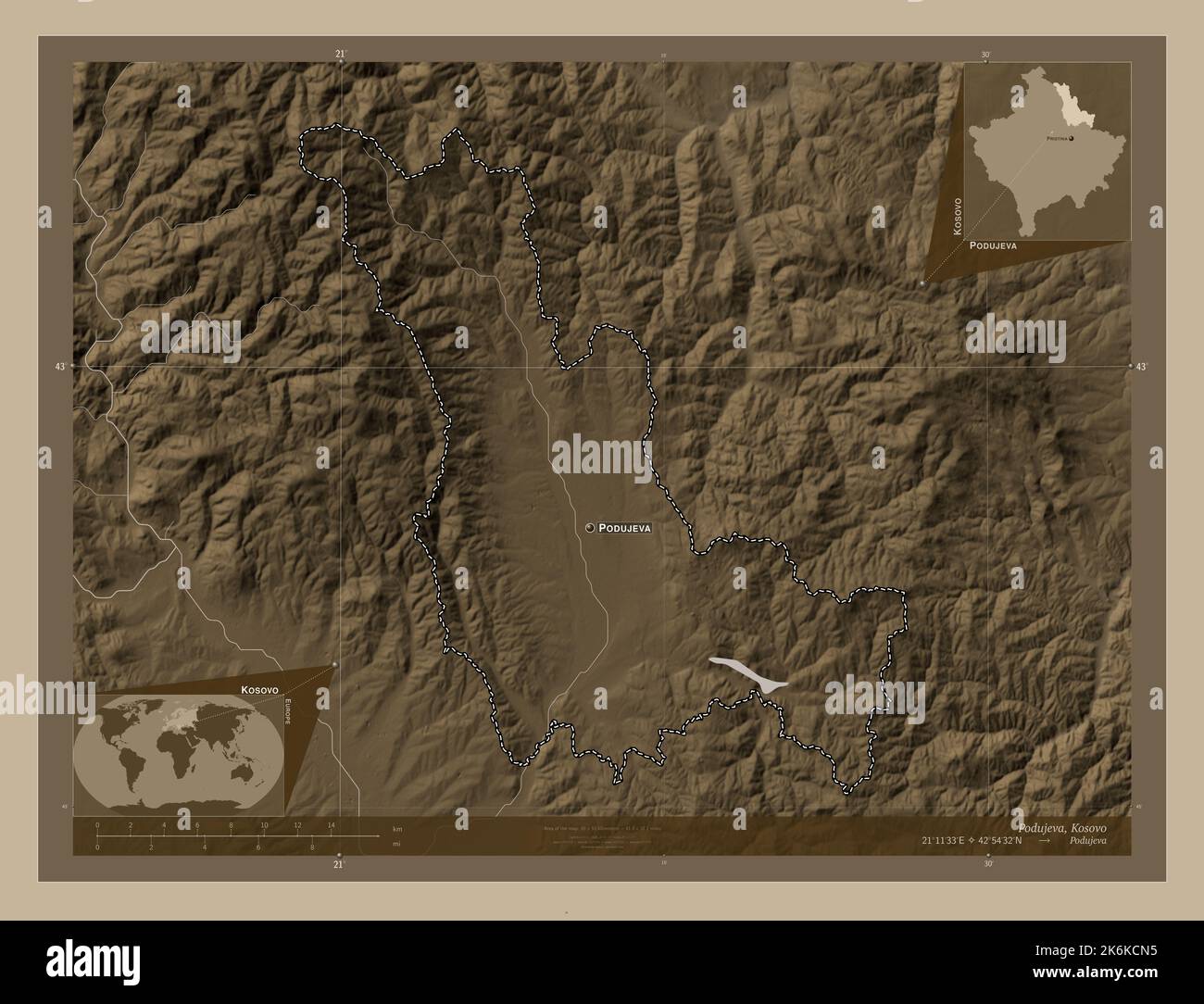 Podujeva, municipality of Kosovo. Elevation map colored in sepia tones ...