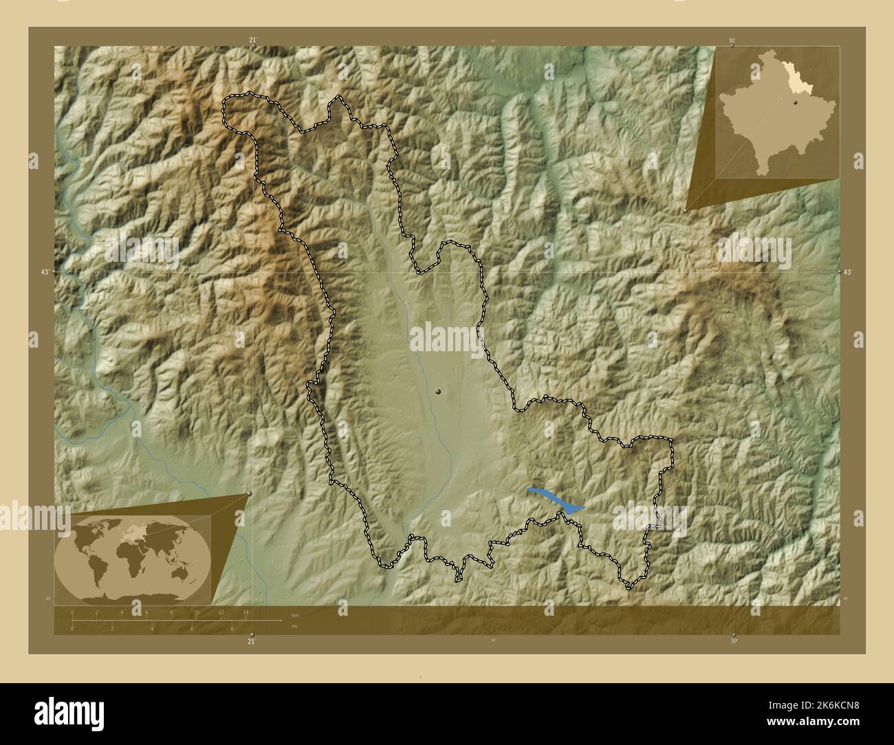 Podujeva, municipality of Kosovo. Colored elevation map with lakes and ...