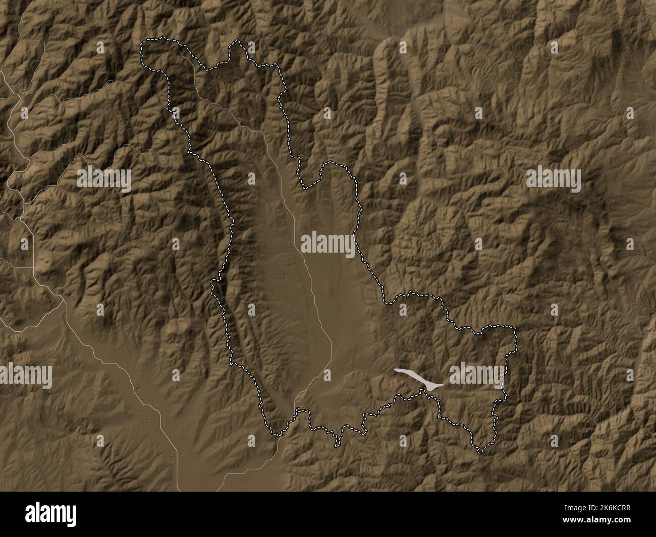 Podujeva, municipality of Kosovo. Elevation map colored in sepia tones ...