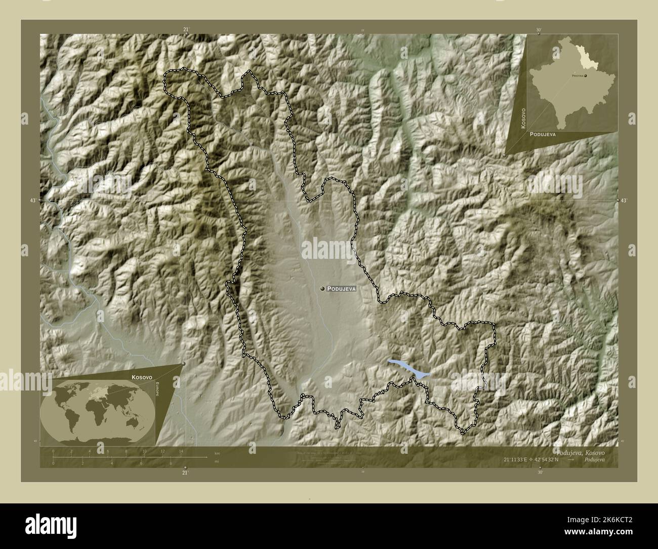Podujeva, municipality of Kosovo. Elevation map colored in wiki style ...
