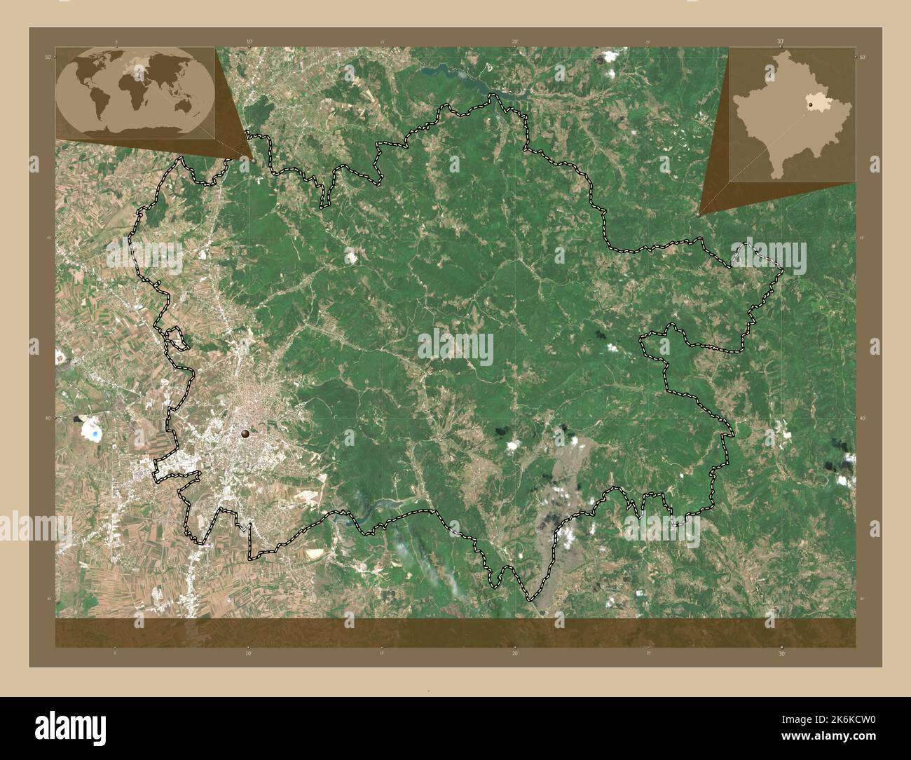 Prishtina, municipality of Kosovo. Low resolution satellite map. Corner ...
