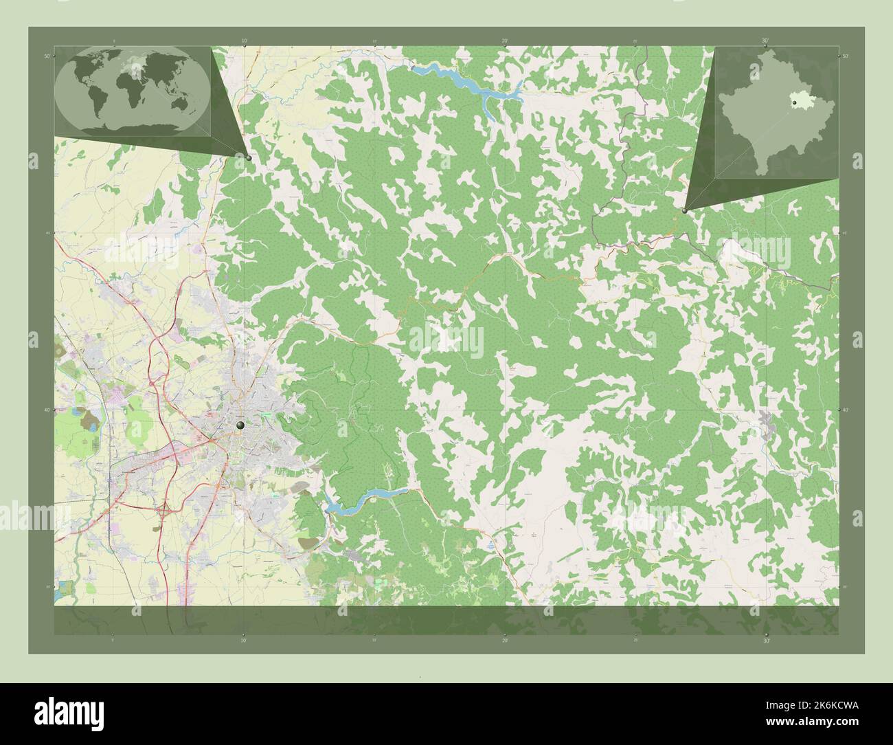 Prishtina, municipality of Kosovo. Open Street Map. Locations of major ...