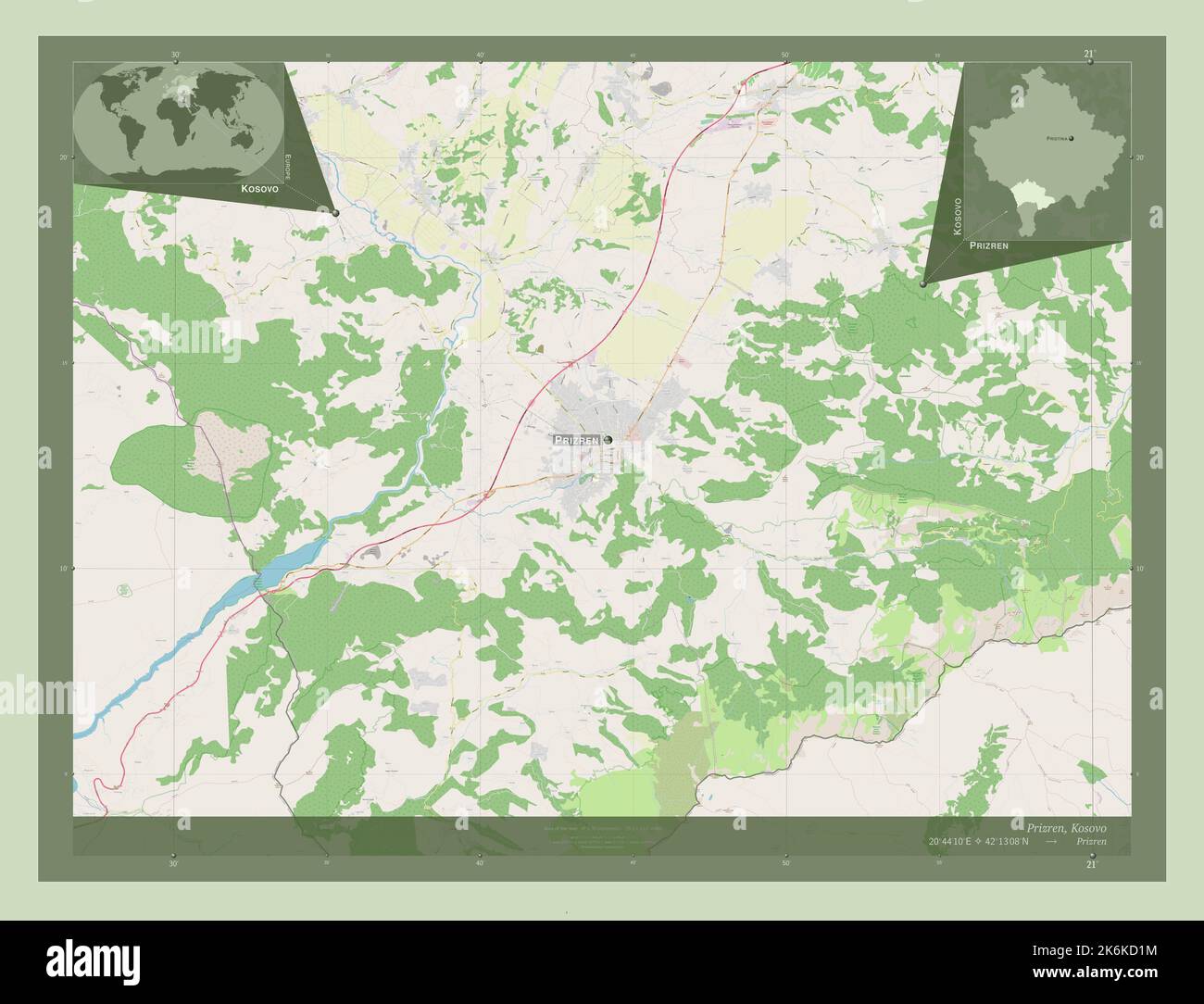 Prizren, municipality of Kosovo. Open Street Map. Locations and names ...