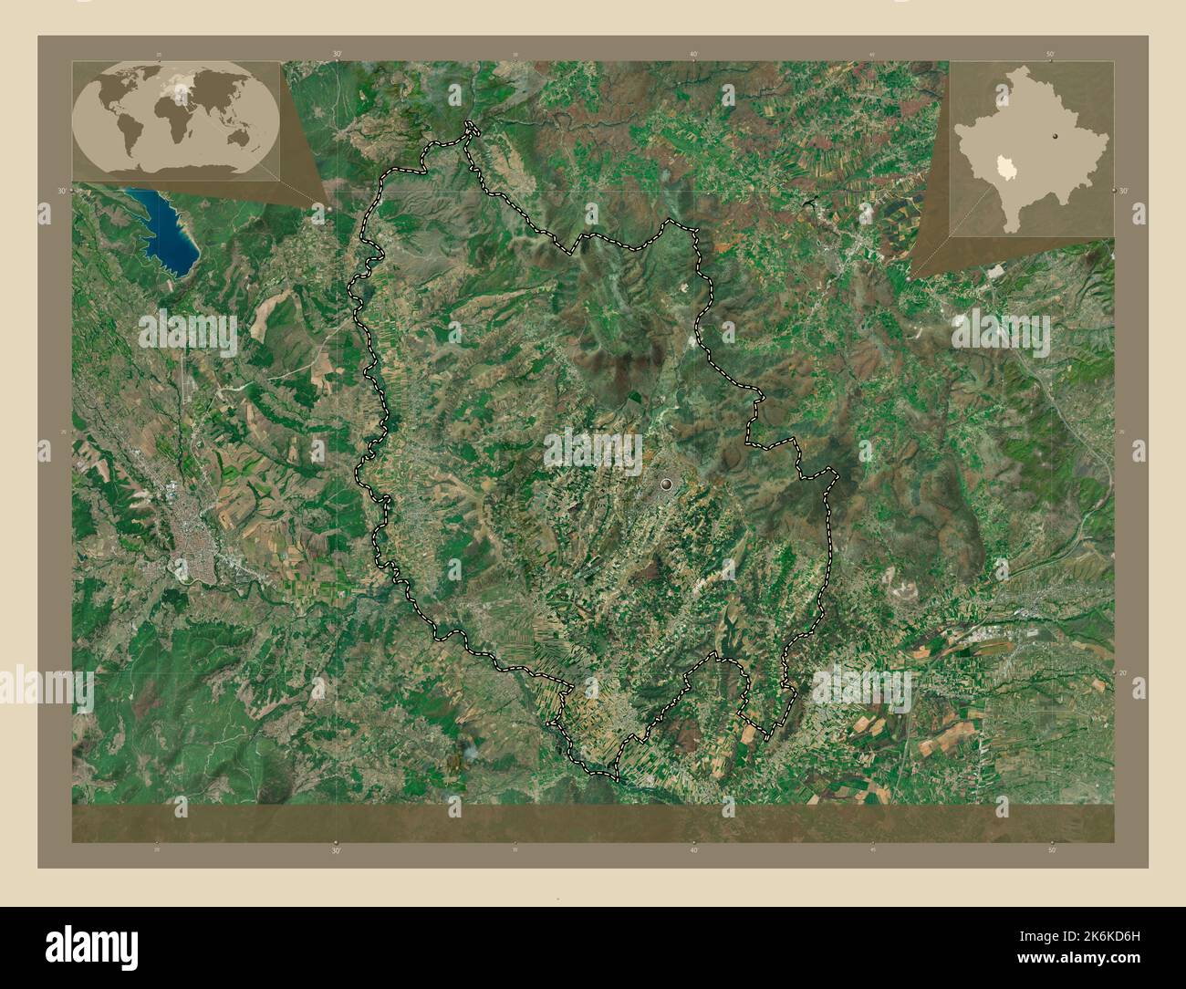 Rahovec, municipality of Kosovo. High resolution satellite map. Corner ...