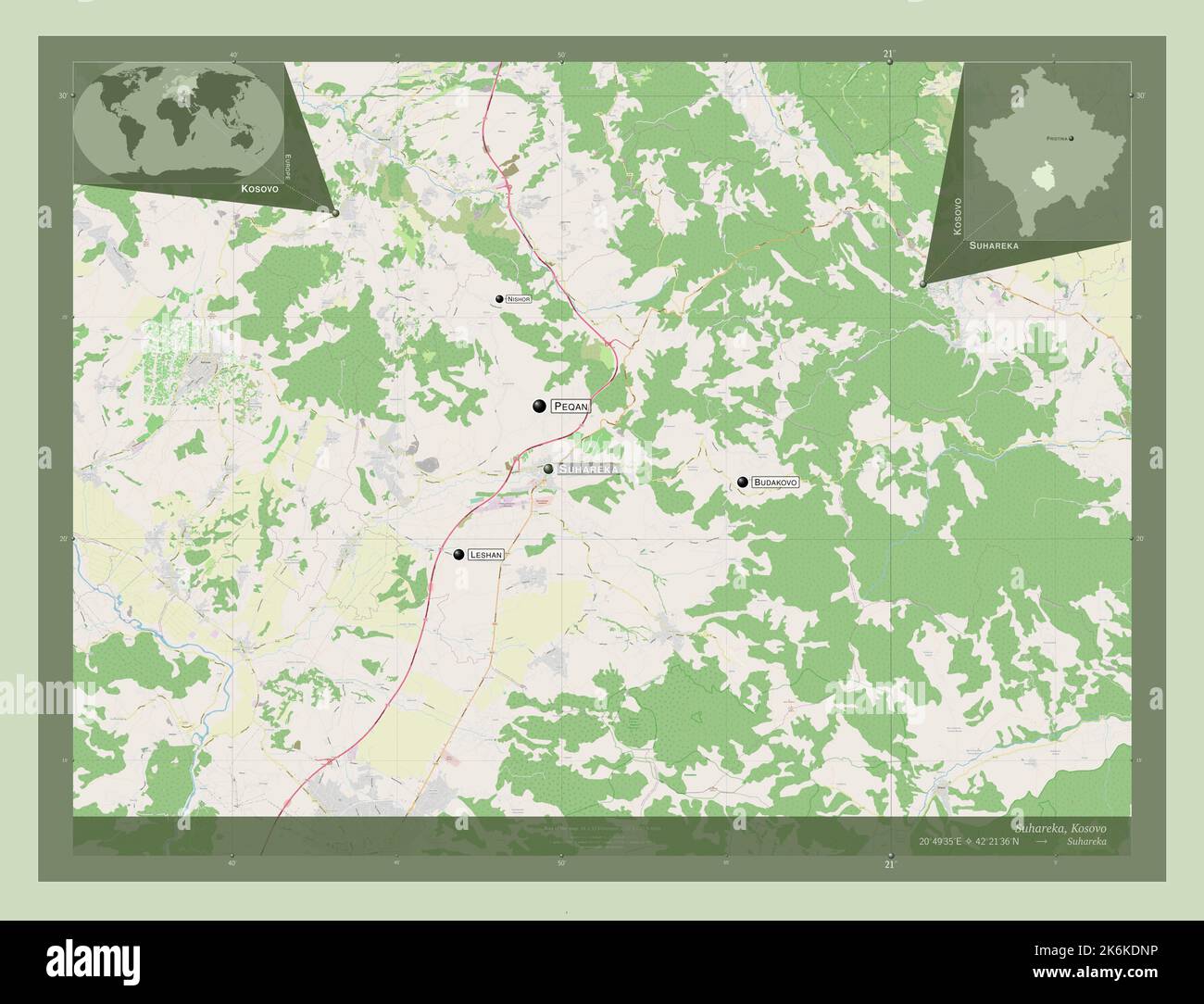 Suhareka, municipality of Kosovo. Open Street Map. Locations and names ...