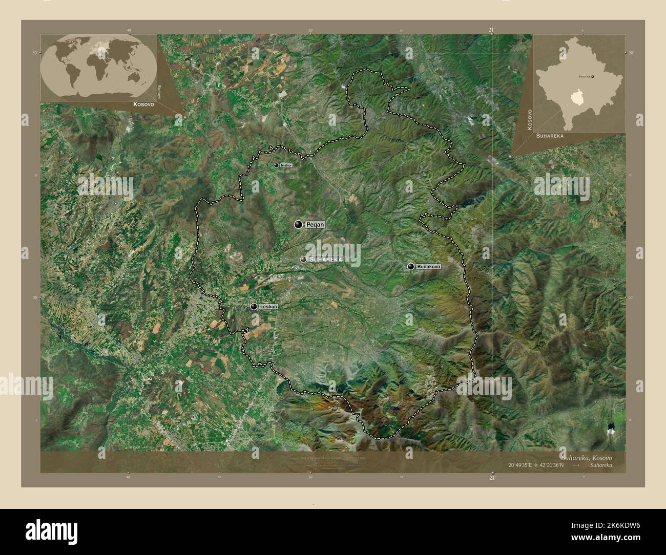 Suhareka, municipality of Kosovo. High resolution satellite map ...