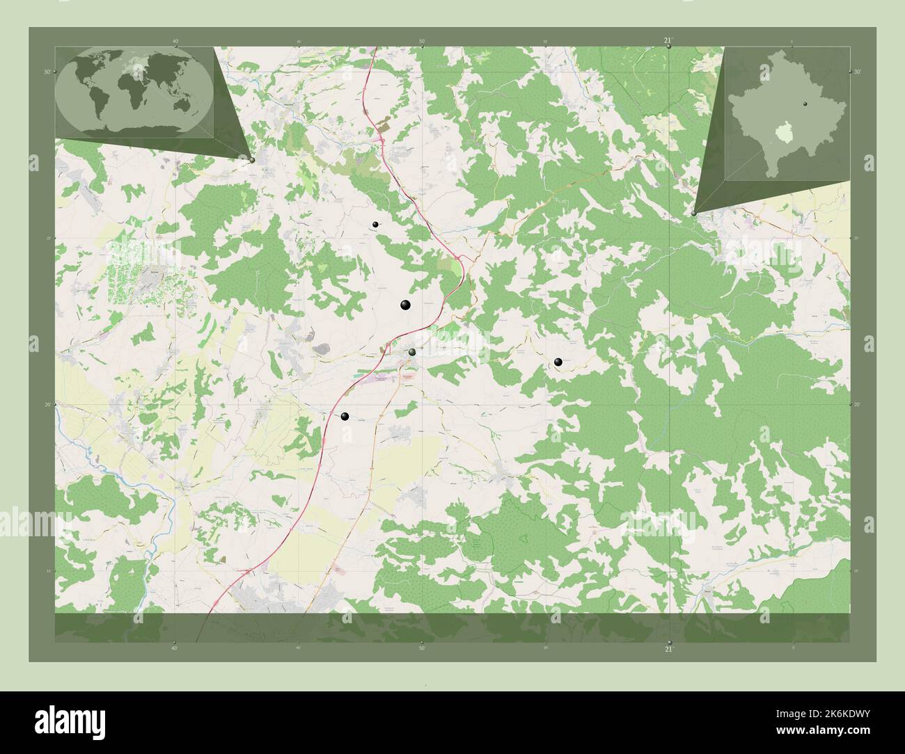 Suhareka, municipality of Kosovo. Open Street Map. Locations of major ...