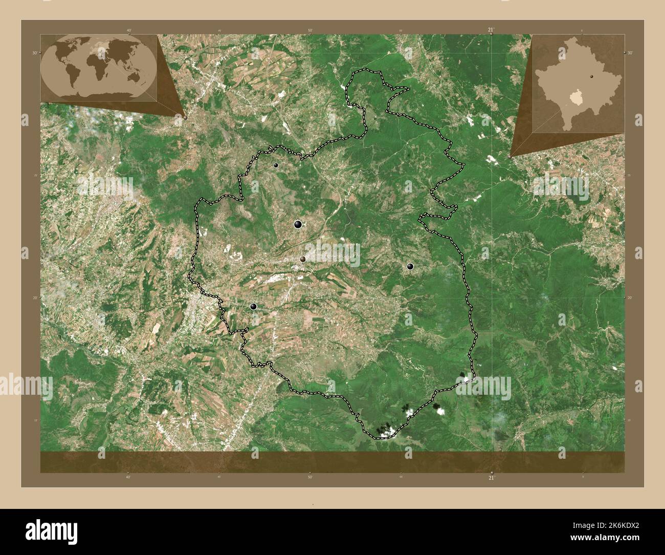 Suhareka, municipality of Kosovo. Low resolution satellite map ...