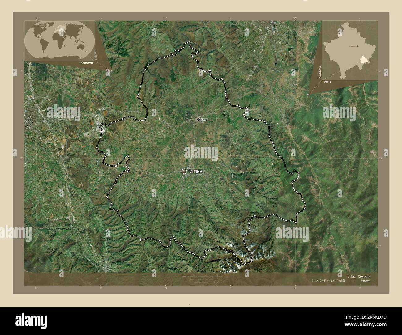 Vitia, municipality of Kosovo. High resolution satellite map. Locations ...