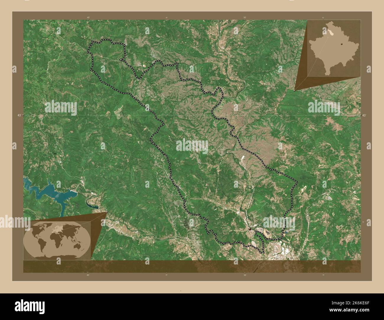 Zvecan, municipality of Kosovo. Low resolution satellite map. Locations ...