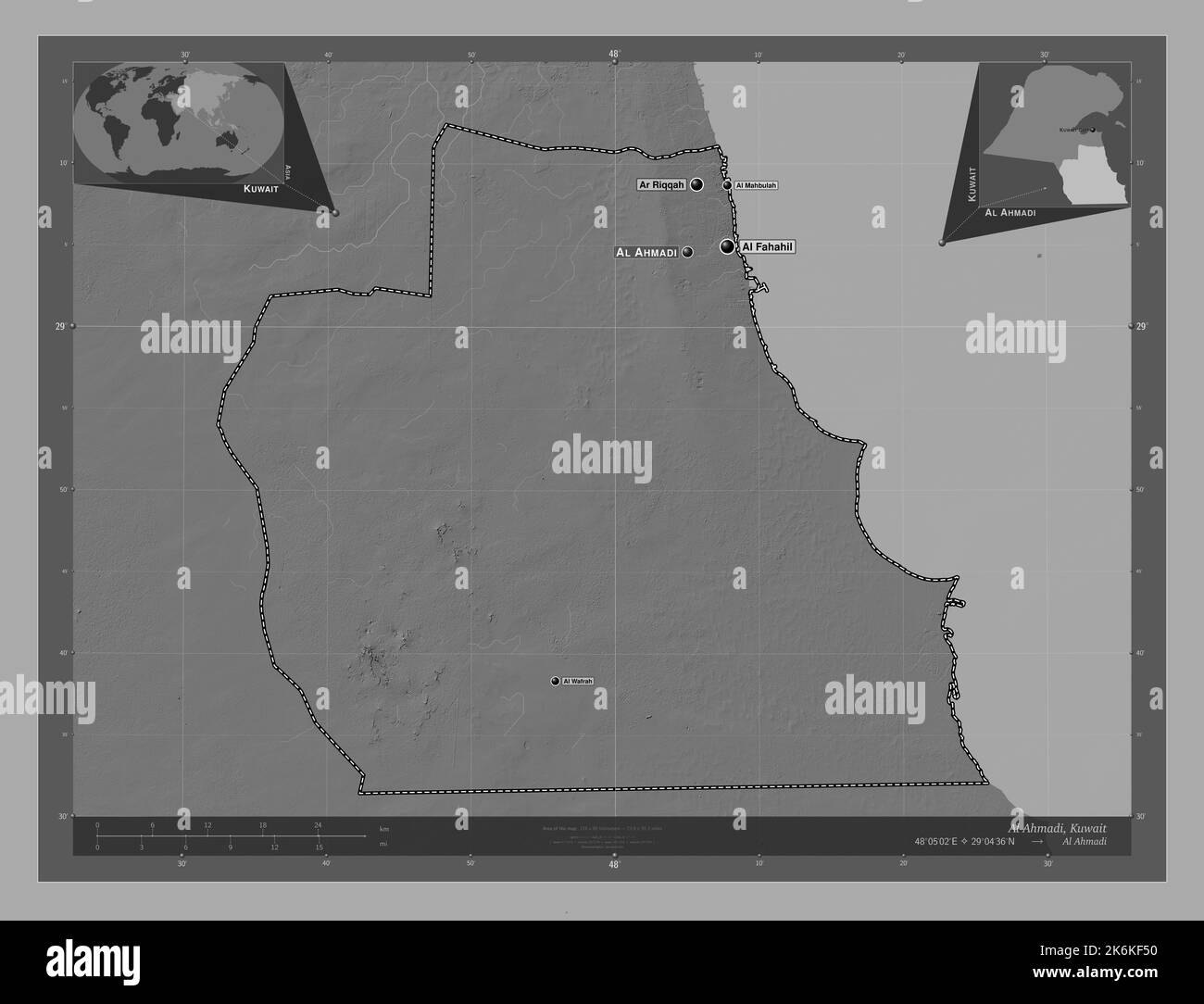Al Ahmadi, province of Kuwait. Bilevel elevation map with lakes and ...