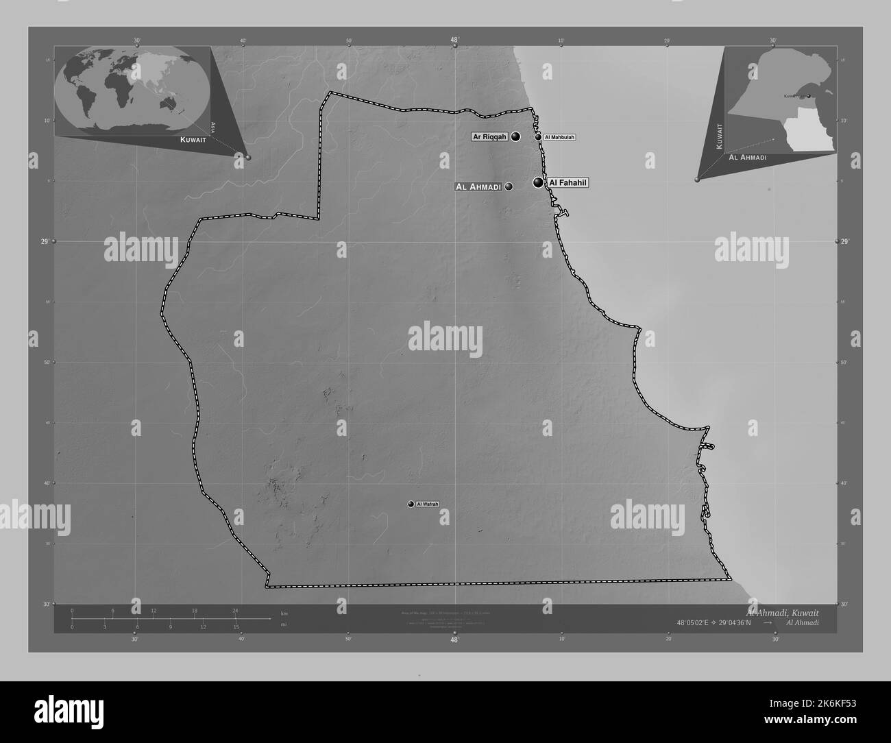 Al Ahmadi, province of Kuwait. Grayscale elevation map with lakes and ...
