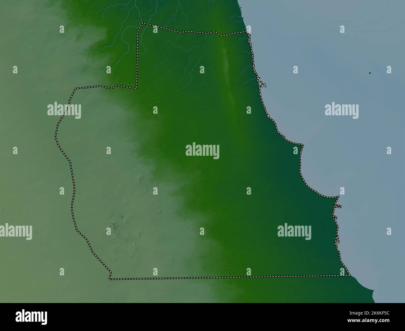 Al Ahmadi, province of Kuwait. Colored elevation map with lakes and ...