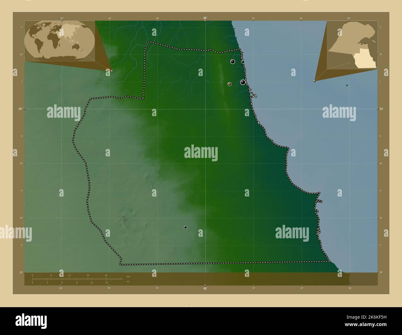 Al Ahmadi, province of Kuwait. Colored elevation map with lakes and ...