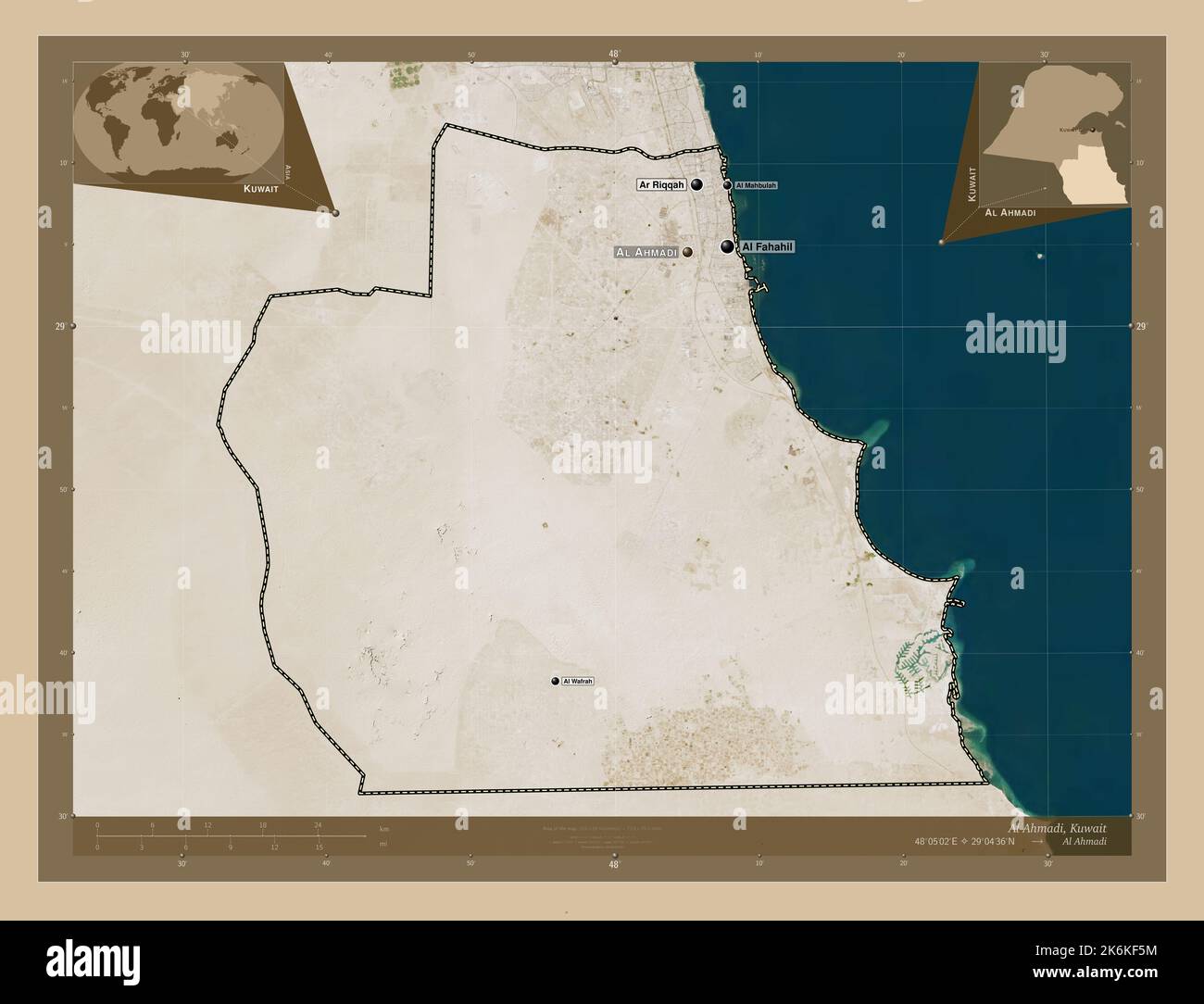 Al Ahmadi, province of Kuwait. Low resolution satellite map. Locations ...