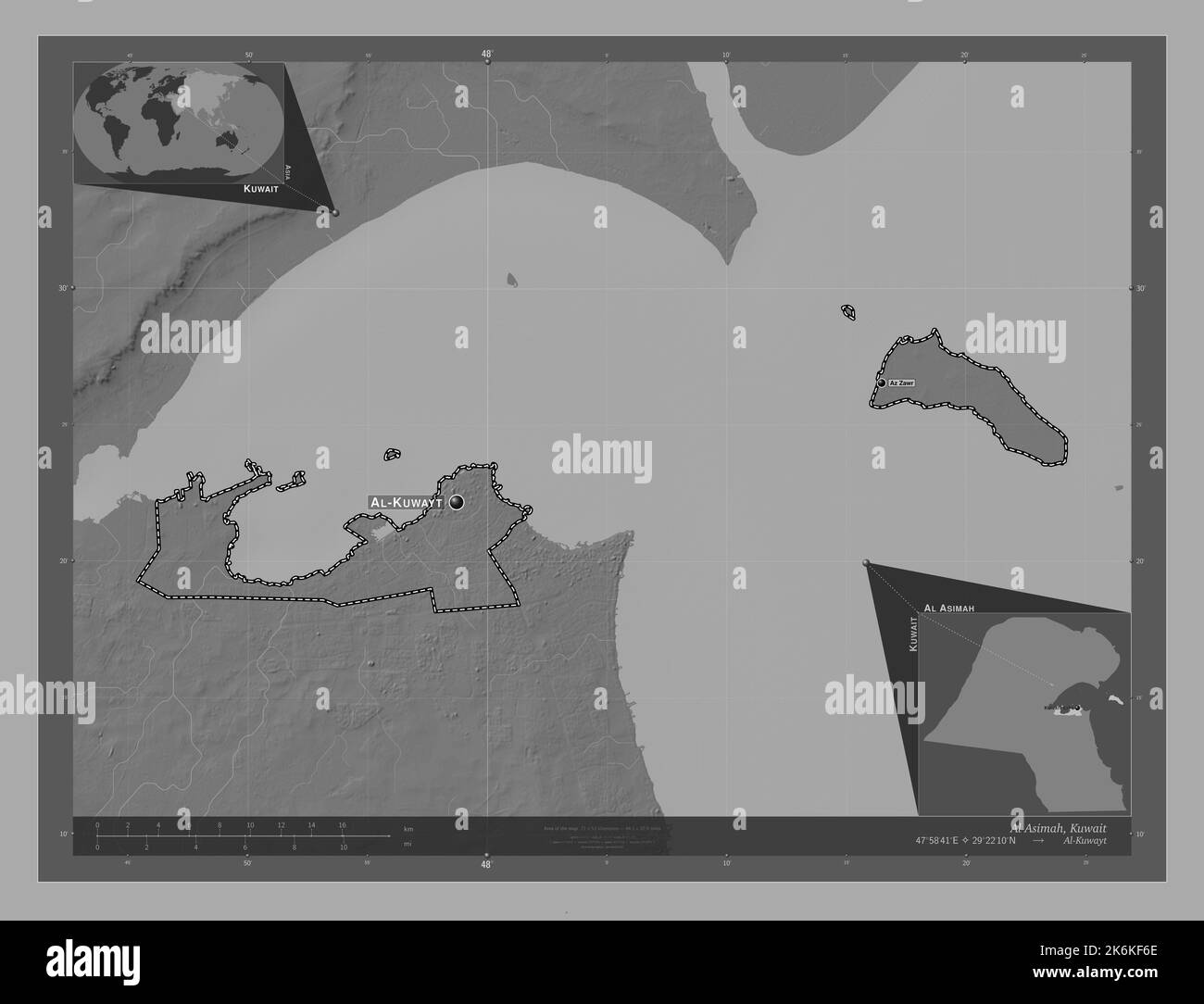 Al Asimah, province of Kuwait. Bilevel elevation map with lakes and ...