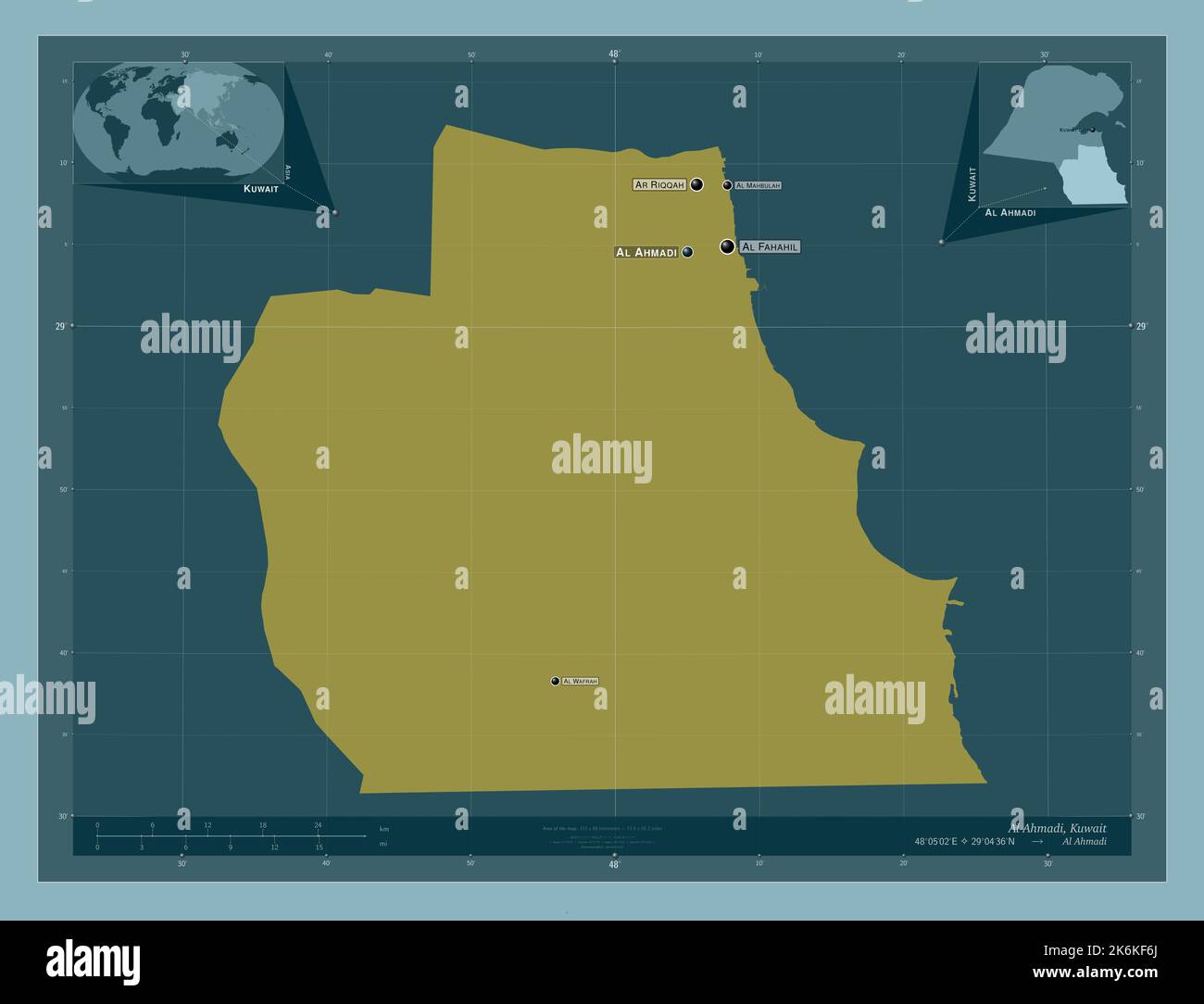 Al Ahmadi, province of Kuwait. Solid color shape. Locations and names ...